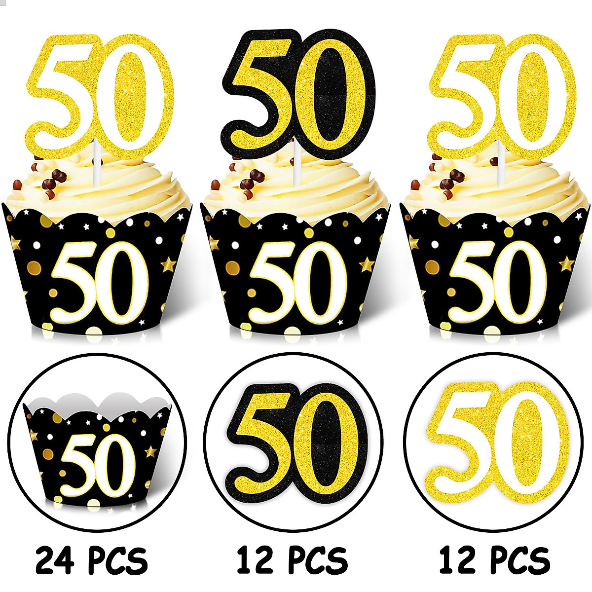 24pcs Dessert Cupcake Topper 24pcs Cupcake Wrappers Cheer to 50 Years Old Theme Decor Supplies Men Women Happy 50th Birthday Wedding Anniversary Party Decoration