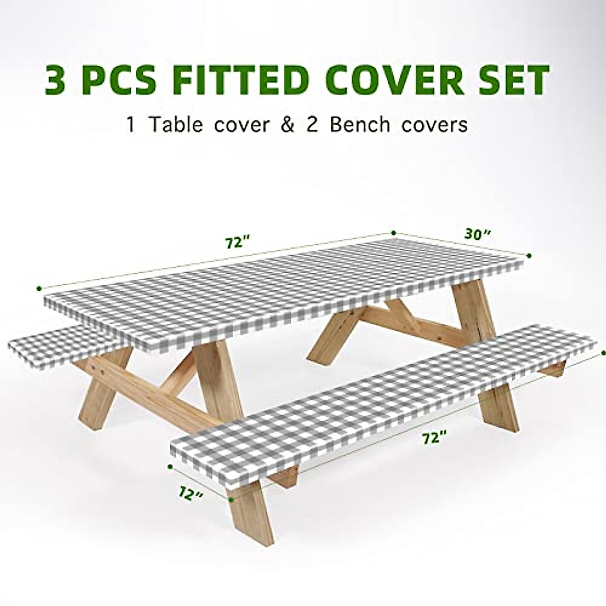UMINEUX Picnic Table Cover with Bench Covers Fitted Table Clothes for 6 Foot Rectangle Tables Vinyl Flannel Backing with Elastic Edge -for Outdoor/Indoor Party&Dining(30x72 Inch,3-Pieces, Gray Plaid)