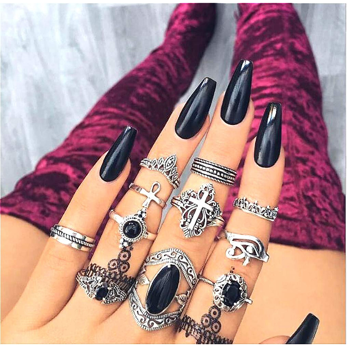 Cathercing 11 Pcs Women Silver Ring Sets Knuckle Vintage Rings Pack for Women Bohemian Rings Black Gem Joint Knot Rings Set for Teens Party Daily Fesvital Jewelry Gift