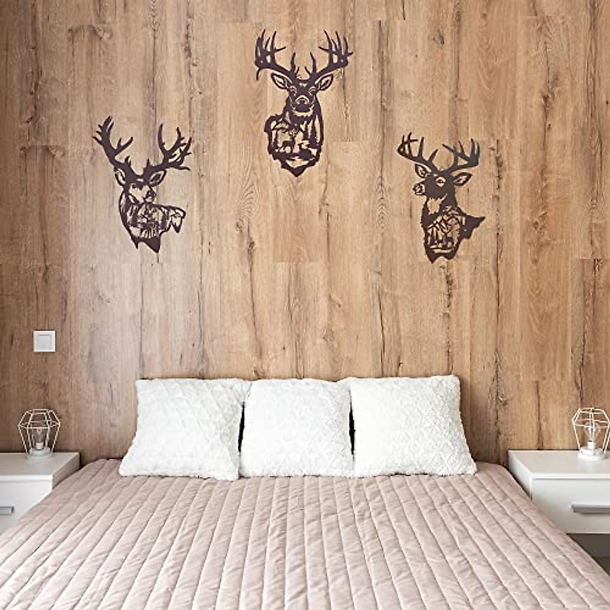 BVLFOOK 16 Inch Large Metal Deer Wall Art Decor, Rustic Cabin Decor, Hunting Decor for Home Bathroom Bedroom Lodge, Deer in the Forest Pine Tree, Set of 3