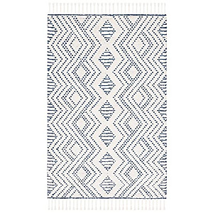 SAFAVIEH Natura Collection Accent Rug - 4' x 6', Ivory & Blue, Handmade Moroccan Boho Farmhouse Tribal Braided Tassel Wool, Ideal for High Traffic Areas in Entryway, Living Room, Bedroom (NAT184M)