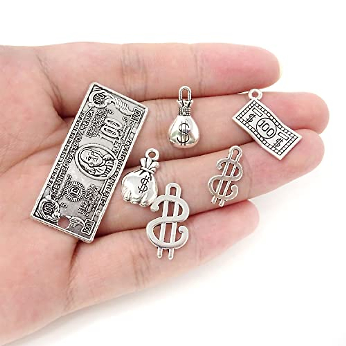 Honbay 60PCS Alloy Dollar Sign Charms Pendant Money Bag 100 Dollars Bill Pendants for Earrings Bracelet Necklace Jewelry Making (6 Style)