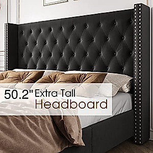PaPaJet King Bed Frame Upholstered Bed Velvet Low Profile Platform Bed with Raised Wingback Headboard/No Box Spring Needed/Easy Assembly/Black
