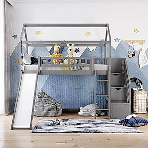Harper & Bright Designs House Bed Loft Bed with Slide, Twin Loft Bed with Stairs and Storage, Wood Loft Bed Frame for Kids & Girls & Boys (Gray)