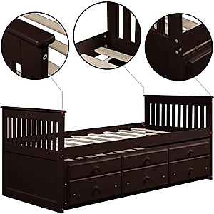 UBGO 3-in-1 Twin Sofa Bed, Wooden Furniture Set with Rollers and 3 Storage Drawers, Captain Sofa Bed Frame for Boys Girls Small Space Bedrooms, Espresso