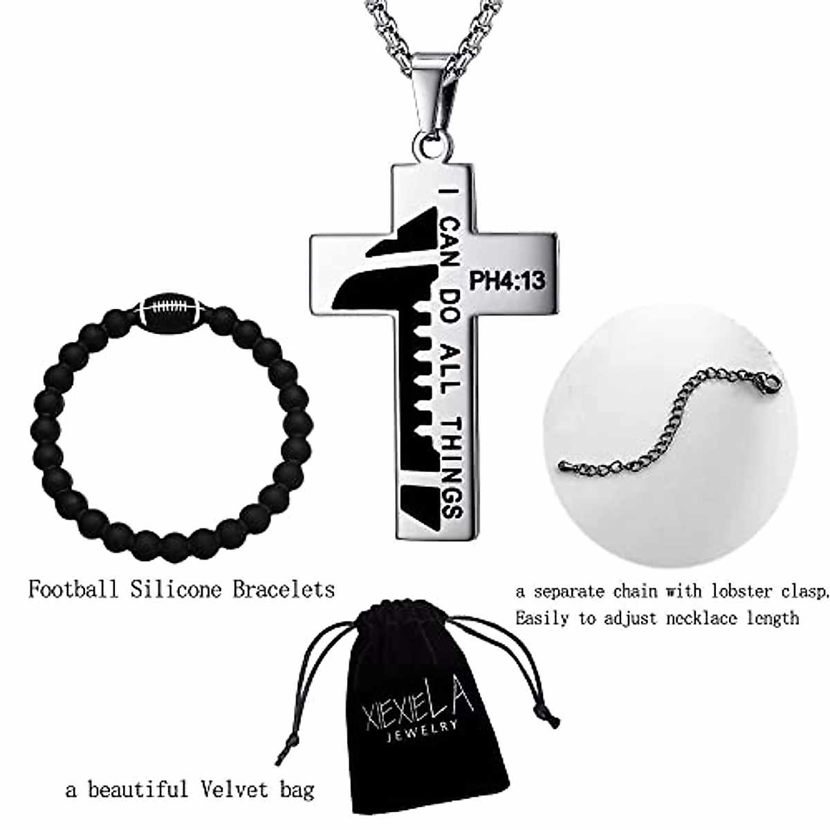 XIEXIELA Football Cross Necklace for Boys, Football Silicone Bracelets, Bible Verse I CAN DO All Things Stainless Steel Sport Pendant for Men Rugby Ball Athletes Sports Lover Bracelets