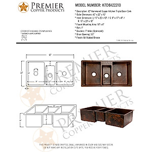 Premier Copper Products KTDB422210 42-Inch Hammered Copper Kitchen Triple Basin Sink, Oil Rubbed Bronze