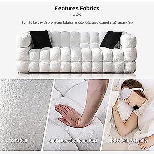 Melpomene Modern Boucle Sofa Couch, Cloud Sofa Upholstered 3 Seater Sofa with 2 Pillows and Wood Legs,Tufted Sofa for Bedroom, Office, Apartment(White)