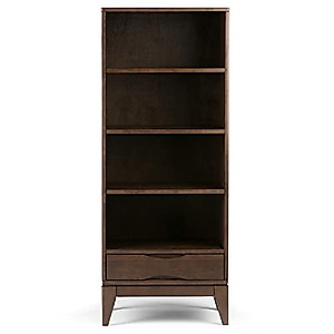 SIMPLIHOME Harper SOLID HARDWOOD 24 Inch Mid Century Modern Bookcase with Storage in Walnut Brown, For the Living Room, Study Room and Office
