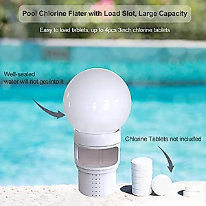 Pool Chlorine Floater, Spa Chemical Dispenser with Solar Ball Light, Floating Chlorine Dispenser Up to 4PCS 3inch Tablets, Pool Chlorinator Easy Open Basket, Bromine Holder for Hot Tub