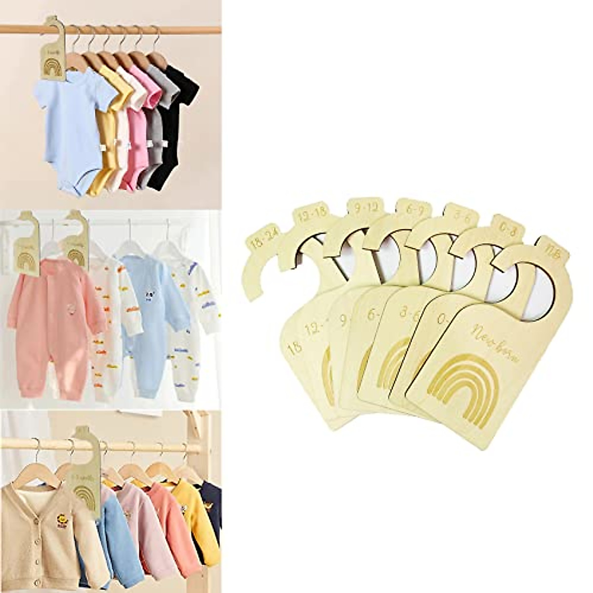 7 Pieces Baby Closet Size Divider Wooden Baby Closet Organizers Hanging Closet Dividers from Newborn Infant to 24 Months for Home Nursery Baby Clothes