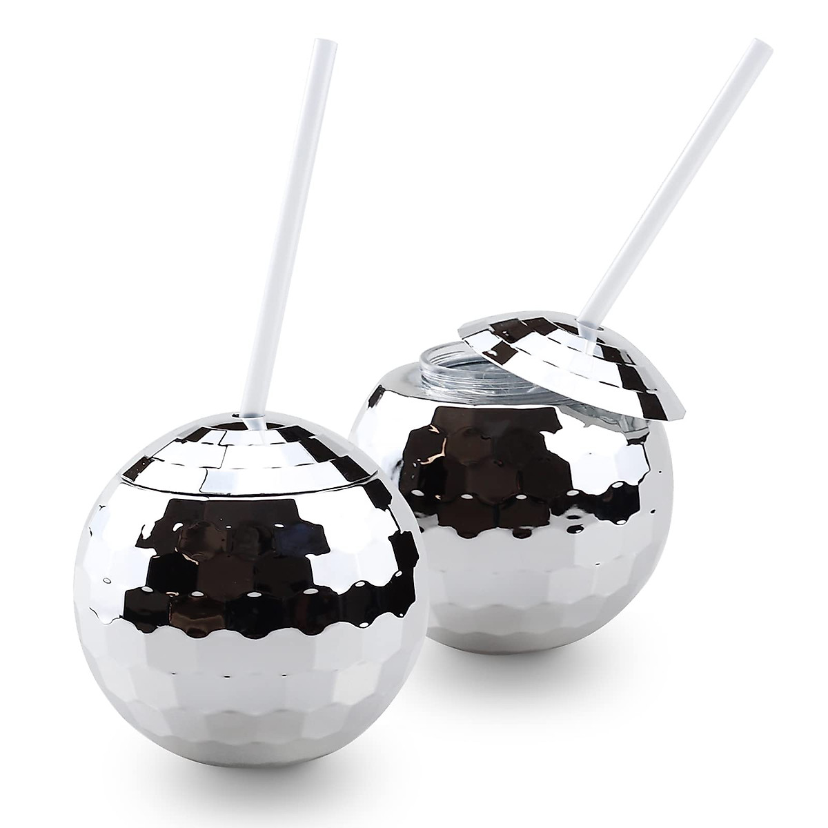 Towjaw 2Pcs Disco Ball Cups（20oz）-1970s Silver Disco Ball Drinking Cup，Disco Ball Cups with Straws and Lid for Party，Disco Ball Tumbler Cocktail Cup for Bachelorette Party