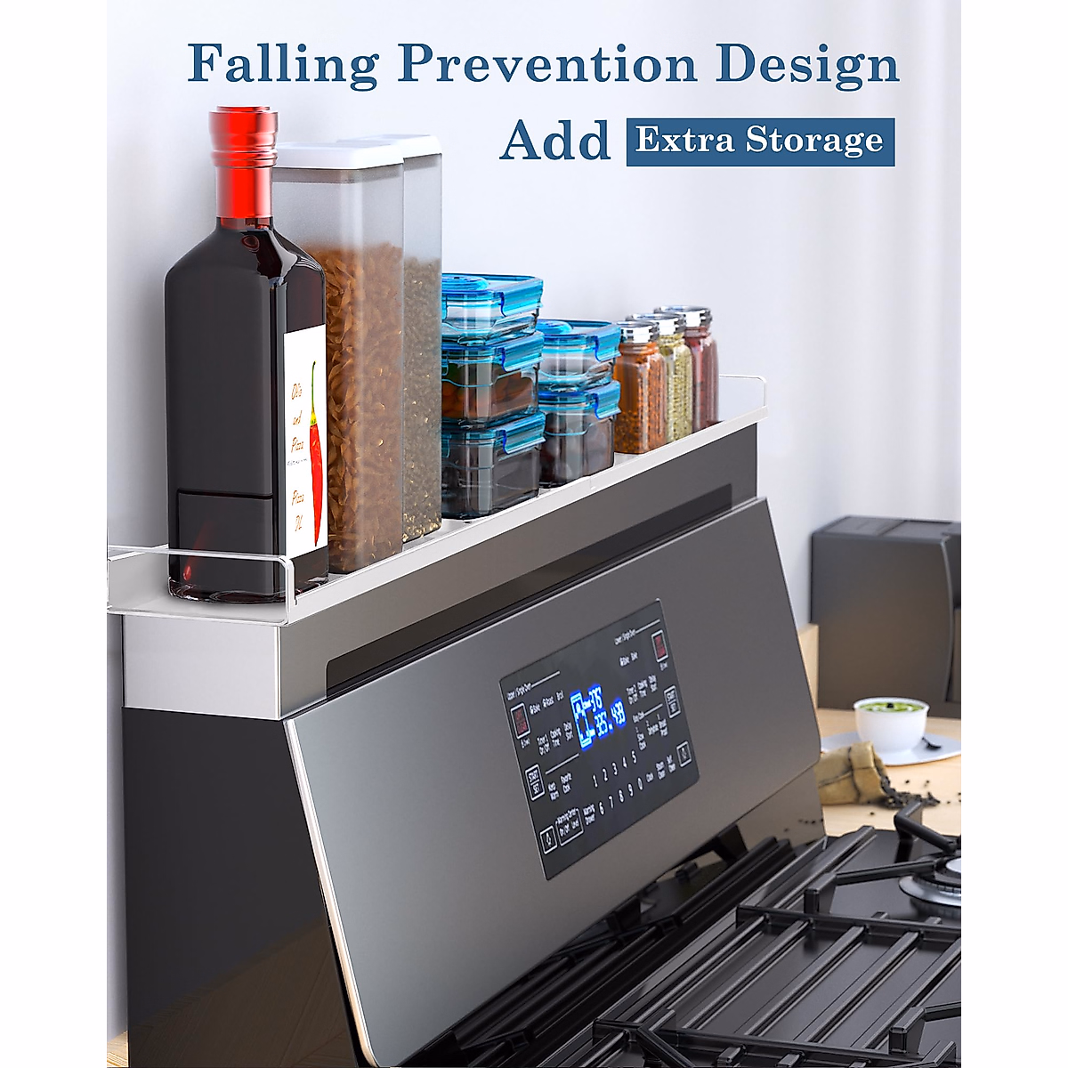 Bumusty 6X Strong Magnetic Shelf for Stove, Adjustable Stove Top Shelf, 20"-30" Oven Shelf Spice Rack Over the Stove, Seasoning Organizer Kitchen Shelves, Matte White