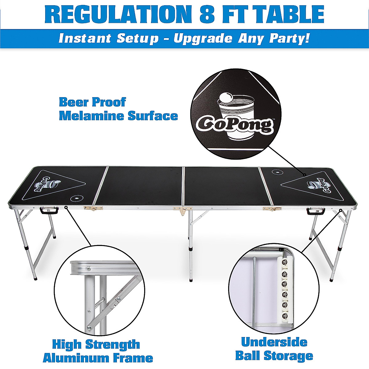 GoPong 8 Foot Portable Beer Pong / Tailgate Tables (Black, Football, American Flag, or Custom Dry Erase)