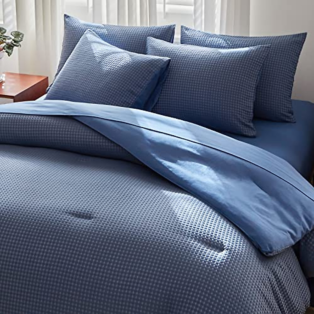 WARMDERN Blue Comforter Set Queen Size Waffle Weave Lightweight Bedding Comforter Sets Soft Microfiber Down Alternative Comforter 7 Pieces Bed in A Bag All Season(Blue, Queen)