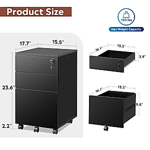 DEVAISE 3 Drawer File Cabinet with Lock, Small Rolling Filing Cabinet Under Desk, Wood Office Drawers Fits Letter/Legal/A4 Size Folders, Black