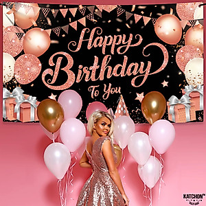 KatchOn, XtraLarge Rose Gold Happy Birthday Banner - 72x44 Inch | Black and Rose Gold Birthday Banner for Women | Happy Birthday Sign, Happy Birthday Decorations for Women | Happy Birthday Backdrop