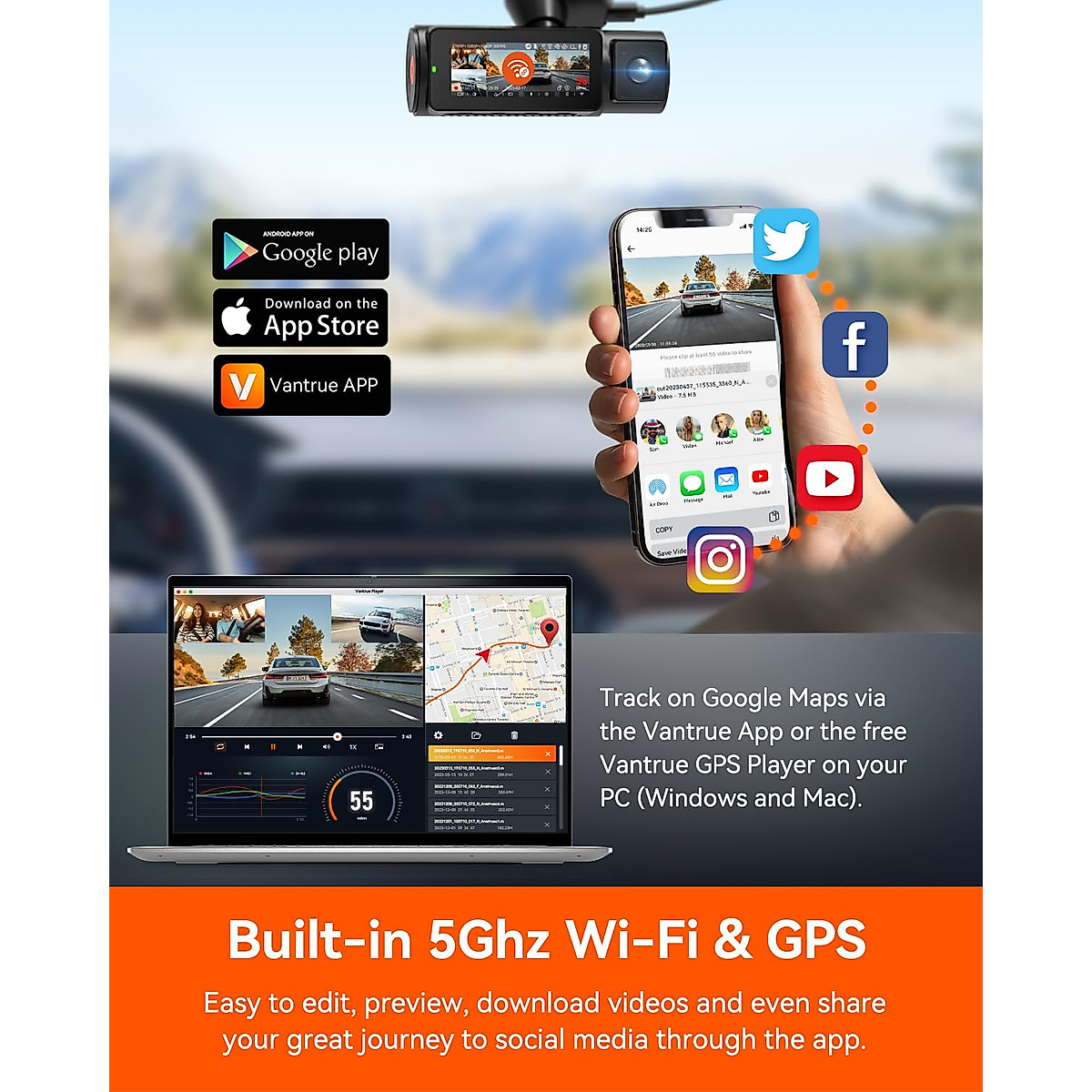 [ Bundle-5 Items: Vantrue N4 Pro 4K 3CH +CPL + Vantrue 256GB SD Card + Hardwire Kit+ Remote Control ] True 4K Wi-Fi 3-Channel Dashcam, STARVIS 2 IMX678 Night Vision, HDR, Voice Control, GPS Cam for Ub