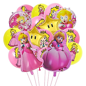 22pcs Princess Peach Birthday Party Decorations, Princess Peach Foil Balloons Latex Balloon for Mario Theme Party Decorations