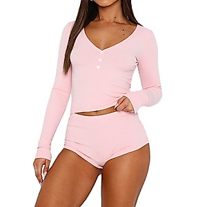 NUFIWI Women Knitted 2 Piece Outfits Pajamas Long Sleeve Slim Fit Shirt Top High Waist Shorts Y2k Lounge Sleepwear Set(B Pink 12,Small)