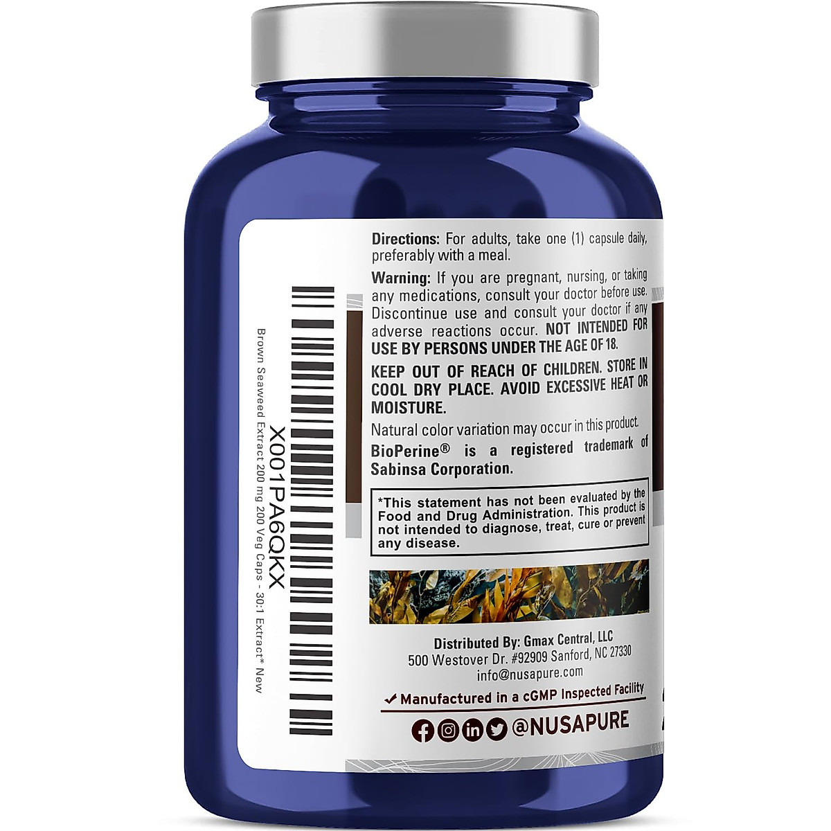 NusaPure Brown Seaweed Extract 6,000 mg - 200 Veggie Capsules - Fucoxanthin (Vegan, Bioperine, Non-GMO, Vegan)