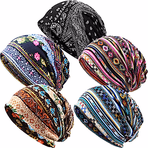 5 Pieces Women's Slouchy Beanie Hat Stretch Turban Hats Cancer Headwear Caps Baggy Skull Sleep Scarf (Striped Style) Multicoloured