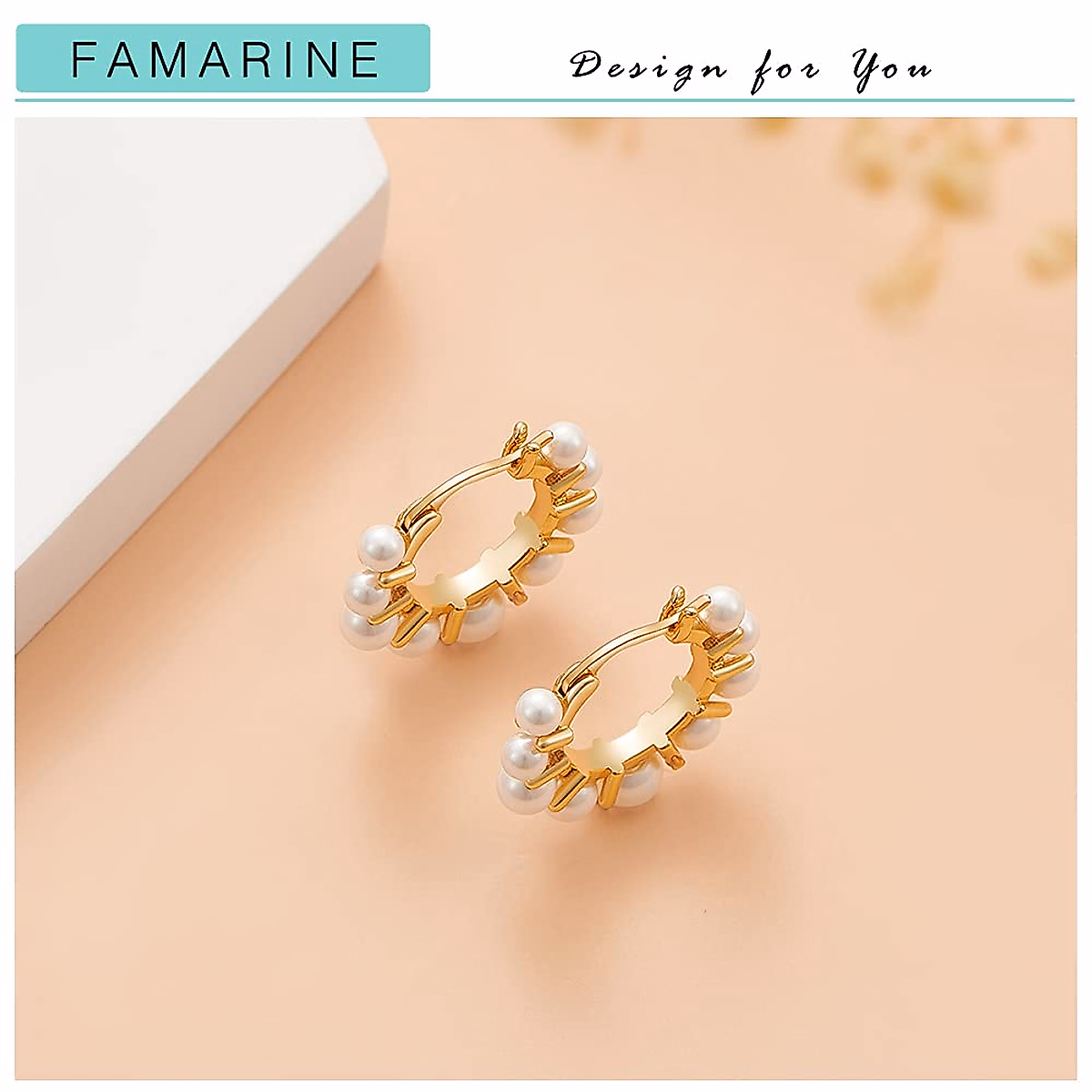 FAMARINE Pearl Hoop Earrings for Women 14K Gold Plated Cute Dainty Hoop Earrings Jewelry