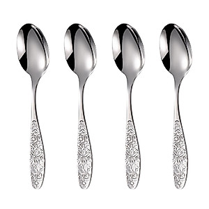 Ouliget Hammered Pattern Stainless Steel Bouillon Spoon,Embossed Pattern Flatware,Hammered Surface Dessert Spoons,7 Inch,Set of 4.