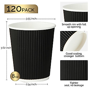 JollyPack 120 Pack 8 oz Paper Coffee Cups, Disposable Coffee Cups, Black Hot Beverage Cups with Ripple Wall Design, Hot Beverage Cups Suitable for Birthday,Party and any occasions