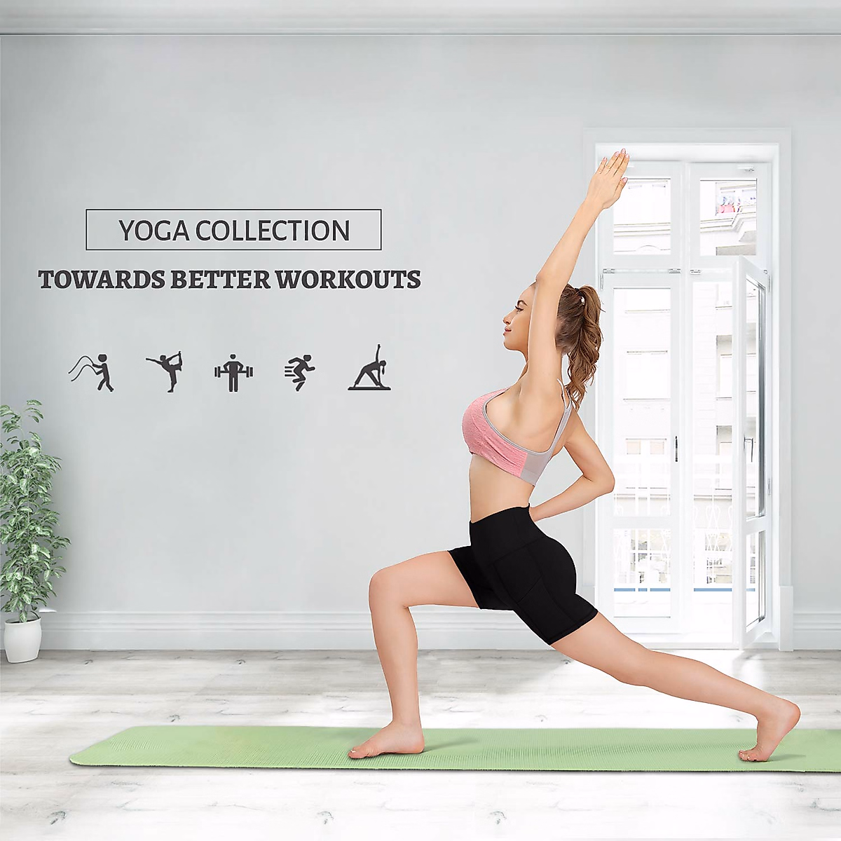 HISKYWIN 5"/8" Inseam High Waist Women Yoga Shorts Compression Exercise Workout Running Shorts Pockets F18011-Black-S