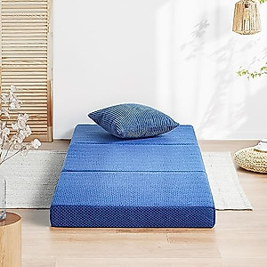 Olee Sleep Tri-Folding Memory Foam Mattress Topper, 4 Inch Gel Folding Mattress for Camping, Foldable Guest Bed, CertiPUR-US Certified, Soft, Blue, Twin Size
