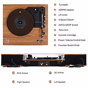 MPK Bluetooth Record Player,Turntable HiFi System with Bookshelf Speakers, 3-Speed Belt-Drive Vinyl Turntable for Vinyl Records with Wireless Playback and Auto-Stop,Yellow Wood