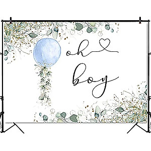 Mocsicka Oh Boy Watercolor Blue Balloon Backdrop Greenery Boy Baby Shower Background Botanical Eucalyptus Baby Shower Party Cake Table Decoration Banner Photo Booth Props (7x5ft)