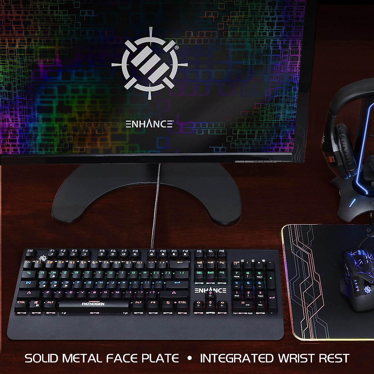 ENHANCE Pathogen 2 Blue Switch Mechanical Keyboard - Mechanical Gaming Keyboard with Fast 1ms Response Polling Rate with Integrated Wrist Rest, 26KRO & Anti-Ghosting, 7 LED Lighting Effects