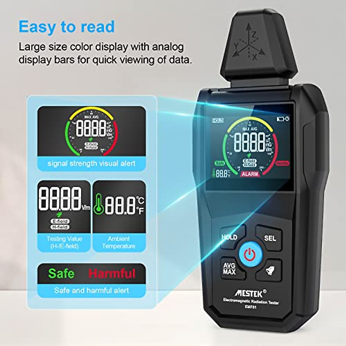 EMF Meter, MESTEK Electromagnetic Field Radiation Detector, Digital LCD Magnetic Field Detector EMF Reader Temperature Measure, Tester for Home EMF Inspections, Office, Outdoor and Ghost Hunting