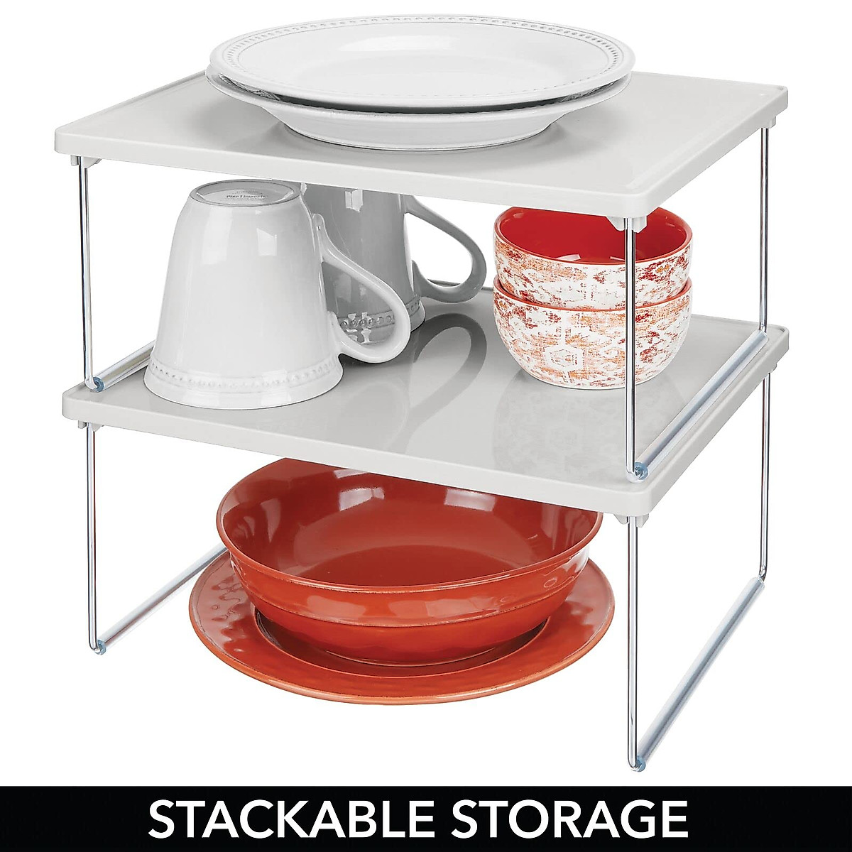 mDesign Metal Stacking Storage Organization for Shelves Inside Cabinets in Kitchen, Pantry, Cupboard, or Fridge/Freezer - Organizer Stand for Food, Plates, Bowls, Mugs, Ligne Collection - Stone Gray