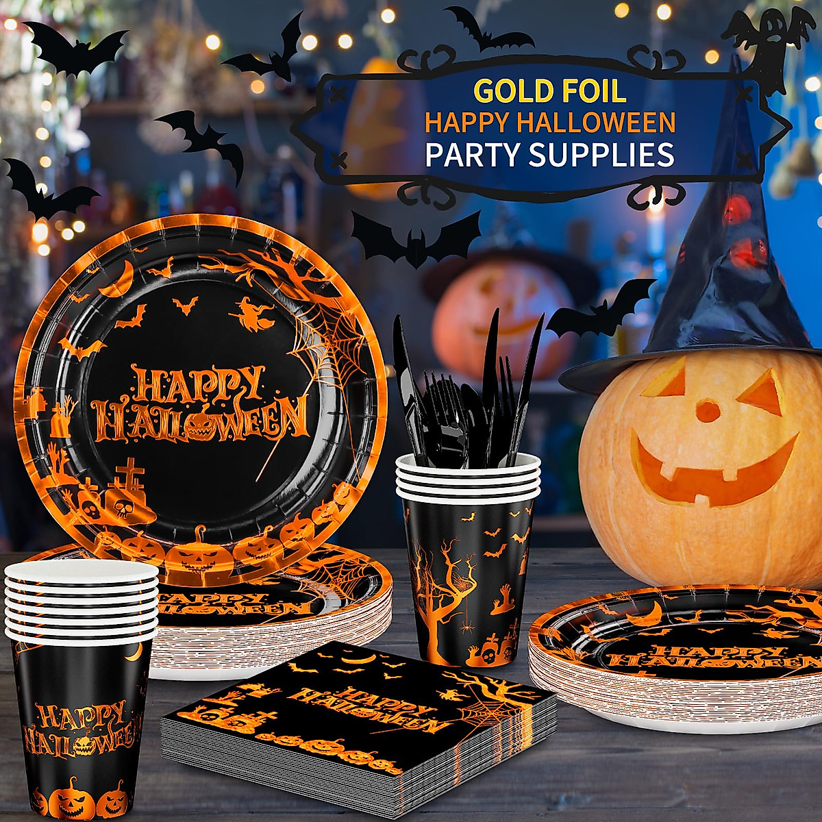 DYLIVeS Halloween Party Supplies, Orange Gold Foil Halloween Pumpkin Cemetery Bats Dinnerware, Includes 9" Plates, Napkins Cups Cutlery Halloween Birthday Party Decorations for Kids Adults, Serve 24
