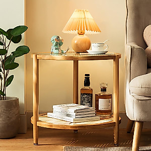 CUPKEE Bamboo Round Side Table, Glass End Tables, Double Layer Large Capacity Coffee Table with Storage for Living Room, Balcony, Bedroom