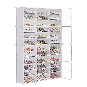 DYRABREST Portable Shoe Rack Enclosed Shoe Organizer, 72 Pairs DIY Shoe Cabinet, White Plastic Closet Shoe Organizer with Transparent Door, Free Standing Shoe Rack Expandable for High Heels, Boots