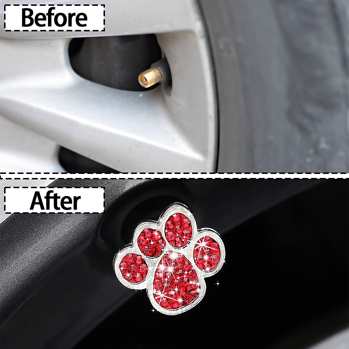 zipelo 4 Pack Car Tire Valve Stem Caps, Bling Diamond Bear Paw Tire Valve Caps, Zinc Alloy Crystal Rhinestone Dog Paw Valve Stem Caps, Universal Accessories for Motorcycle Truck Bicycle (Red)
