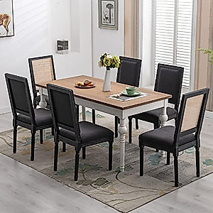 Guyou Black Farmhouse Dining Chairs Set of 2, Upholstered Dining Room Chairs with Rectangular Rattan Back French Country Accent Chair with Distressed Wood Frame for Kitchen Living Room (Beige)