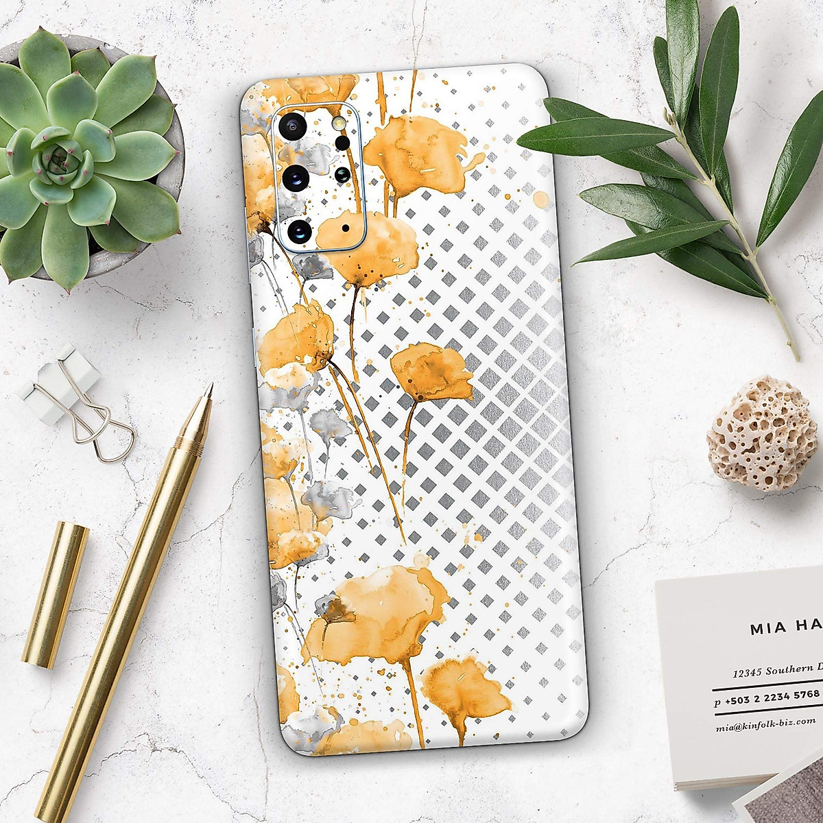 DesignSkinz Karamfila Yellow & Gray Floral V8 Protective Vinyl Decal Wrap Skin Cover Compatible with The Samsung Galaxy S20 (Screen Trim & Back Glass Skin)