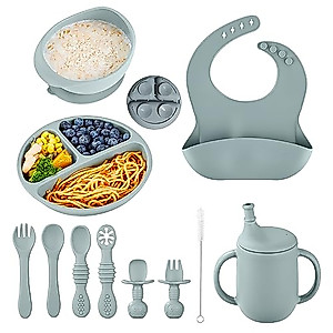 Silicone Baby Feeding Set, FOTEEMO Led Weaning 11-Piece Feeding Eating Supplies Self Feeding Baby Utensils Eating Suction Bowl For 6+ Months Toddler （Blue）