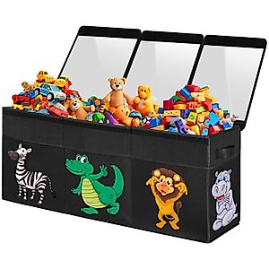 Extra Large Toy Box, Collapsible Sturdy Toy Storage Organizer with Lids, Dinosaur Toy Box for Boys Girls, 42"x16"x14" Kids Toy Chest Bin Box Baskets for Living Room, Playroom, Bedroom, Nursery, Black