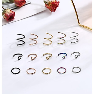 ZELORES 15Pcs 18G Nose Rings Hoops Double Nose Ring For Single Piercing 316l Surgical Steel Spiral Nose Hoop Rings For Women Nostril Piercing Jewelry(8MM)
