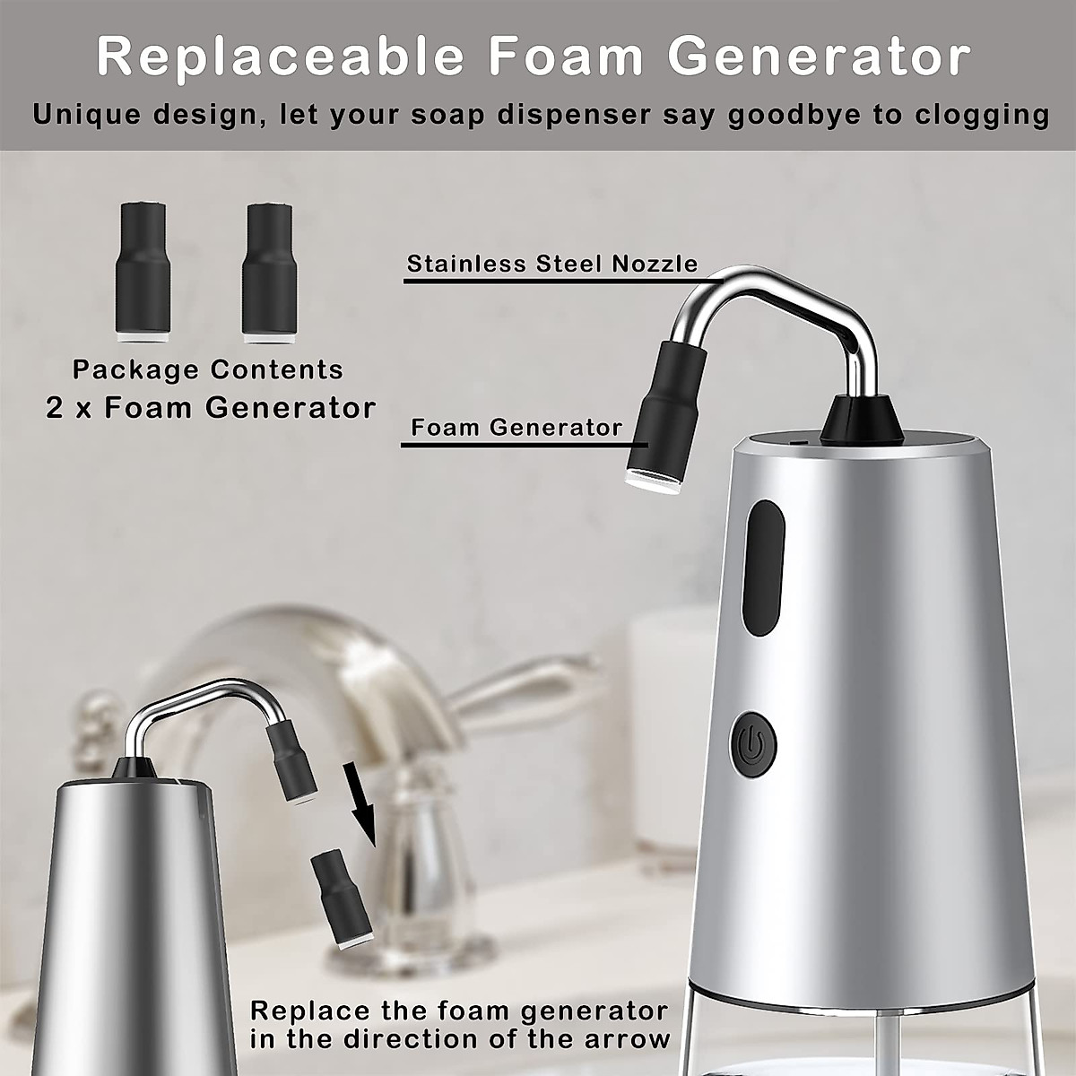 FAIBAEELLY Automatic Foaming Soap Dispenser, Touchless Foam Hand Soap Dispenser with Replaceable Foam Generator, Infrared Sensor, Rechargeable, Foam Soap Dispenser for Bathroom & Kitchen, Silver