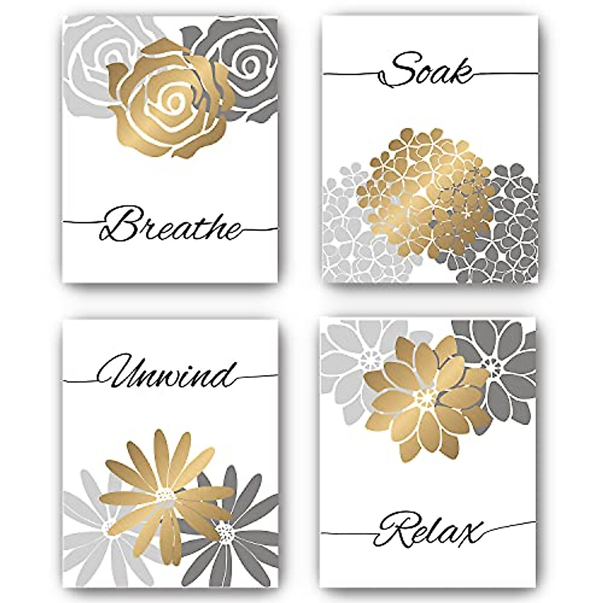 Unframed Relax Soak Unwind Breathe Bathroom Wall Decor - Paintlig 8x10 inch Bathroom Wall Art, Abstract Flowers Gold Foil Print Bathroom Decor Wall Art, Set of 4 Bathroom Pictures for Wall Decor, Bathroom Art (Gold)