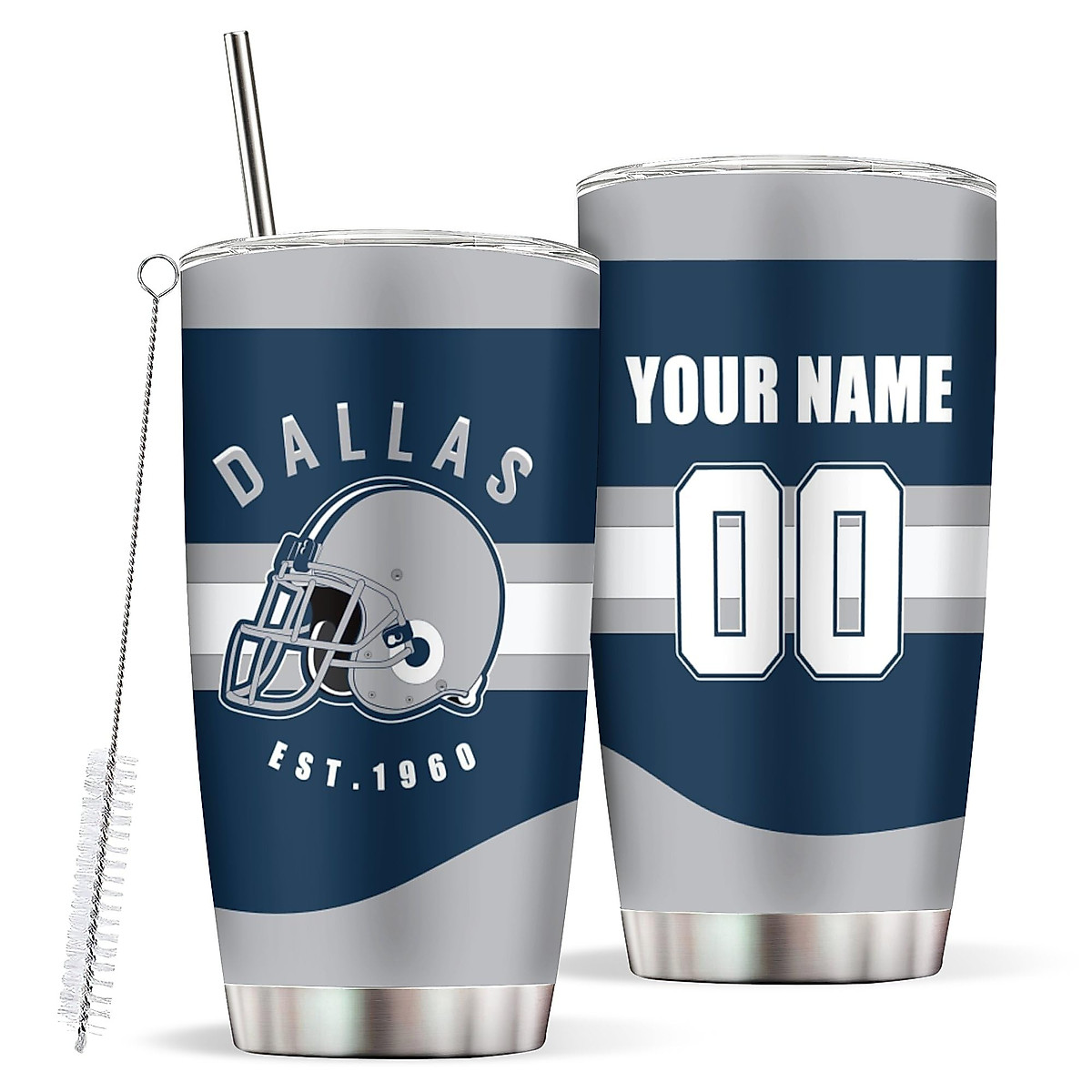 Custom Dallas Tumbler 20oz Stainless Steel with Lid & Straw Personalized Football Fans Gifts for Women Men Coffee Travel Insulated Mug Cup Add Name Number
