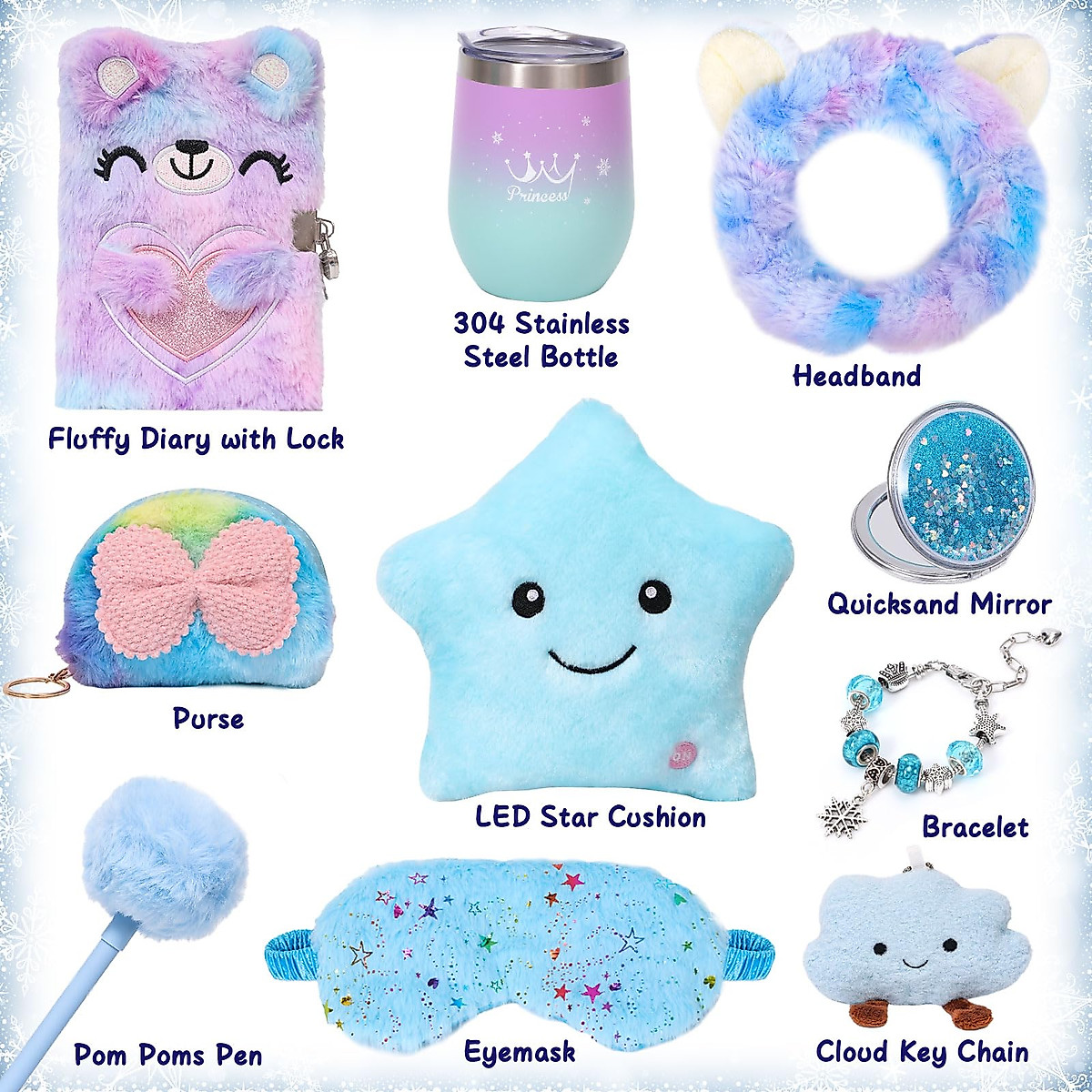 Golray Frozen Toys for Girls Kids Elsa Gift 6 7 8 9 10 Years Old, Light Up Pillow Stationery Plush Lock Diary Water Cup Fluffy Accessories Teen Princess Toy Christmas Birthday Gift for Girl Age 6+