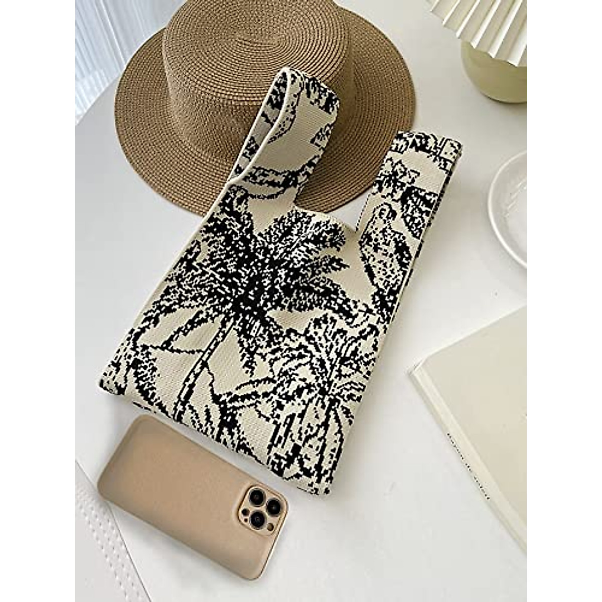 Verdusa Women's Printed Crochet Hobo Handbag Satchel Bag Mini Purse White Black one-size